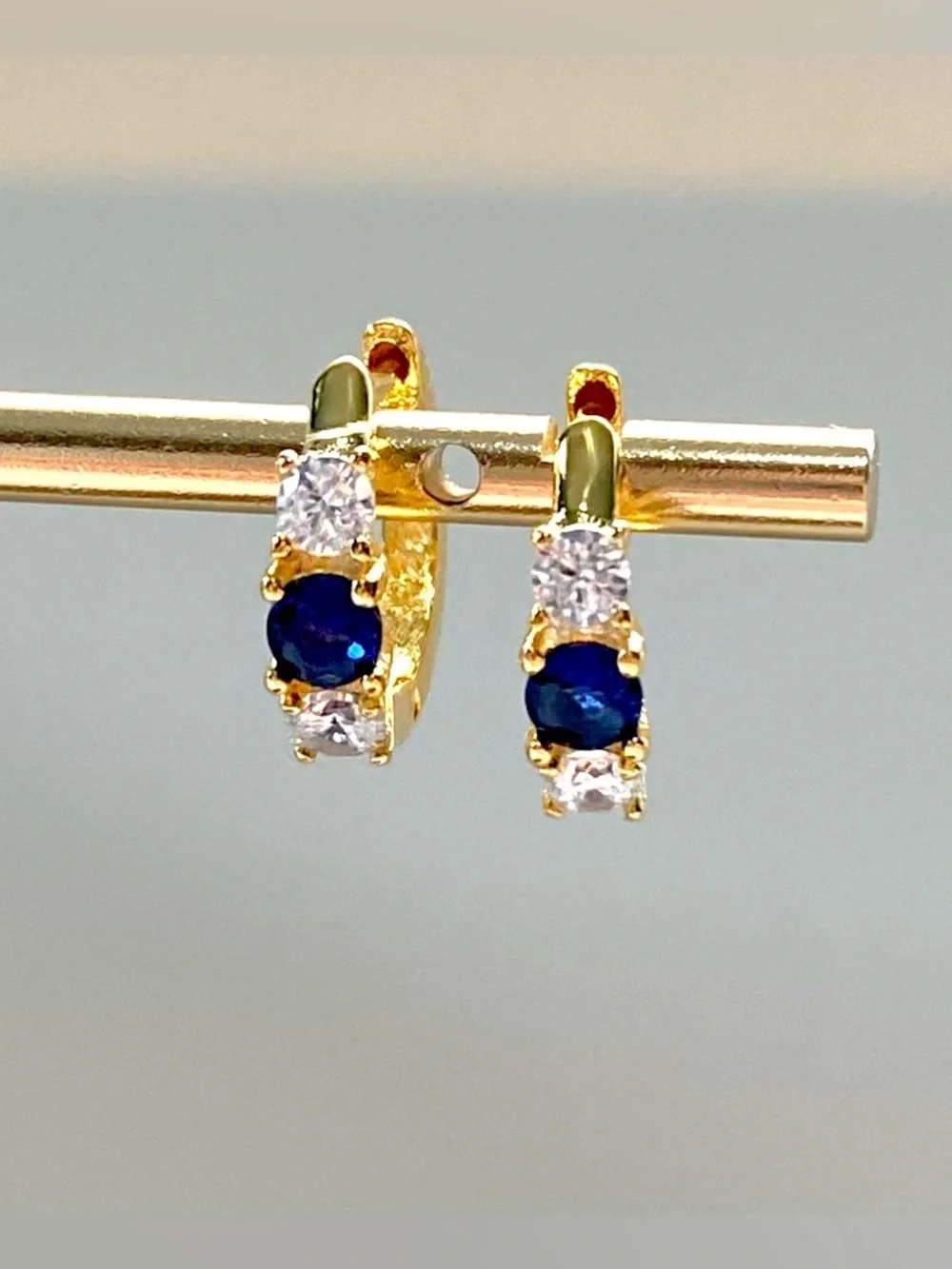 Jewelry | Gold Plated Hoop Earrings With Blue And White Stones | Poshmark